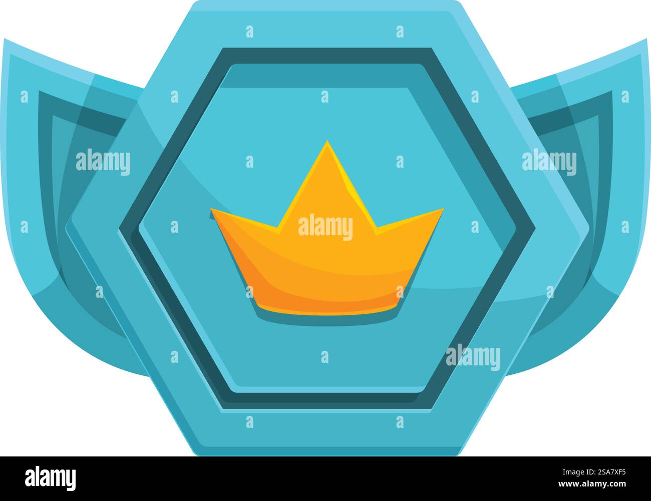 Cartoon style icon of a blue hexagon with wings awarding a golden crown ...