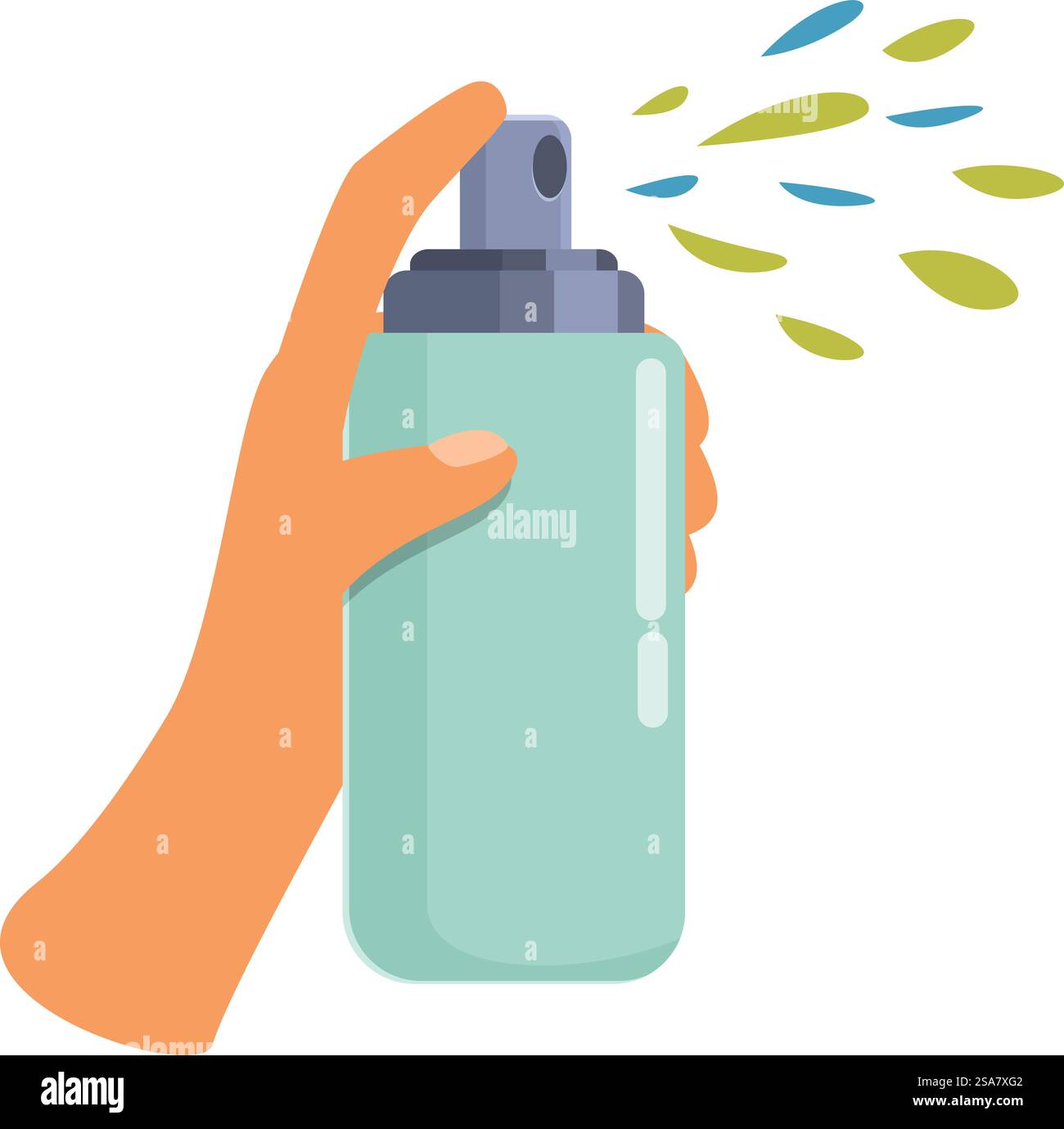 Hand is holding a spray bottle and pushing the nozzle, releasing a fine ...