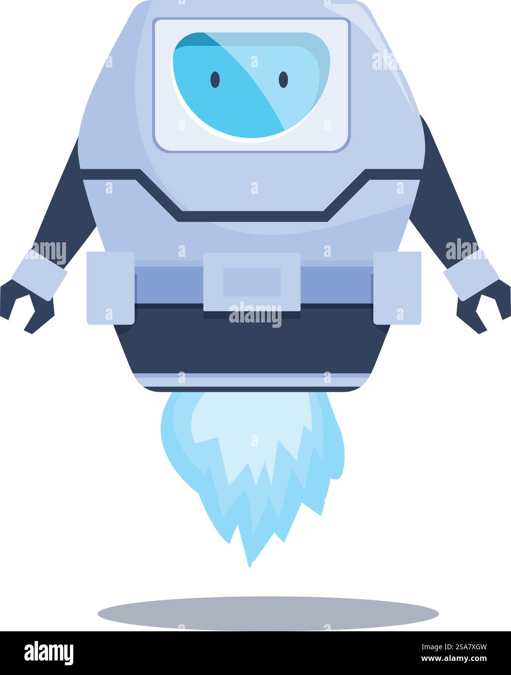 Friendly robot flying and using jetpack future technology. Robot is ...