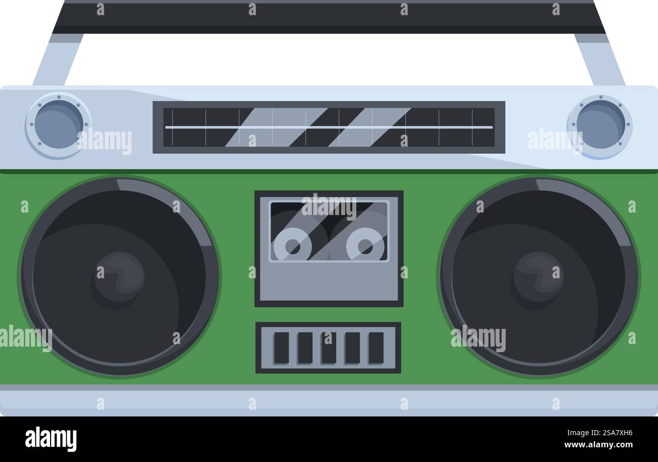 Green boombox playing music with radio tuner and cassette player ...