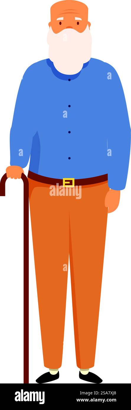 Elderly man with a walking stick is standing and looking forward ...