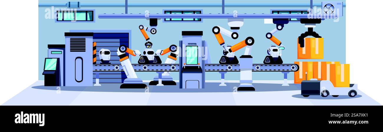 Automated production line with robot arms building, carrying, and ...