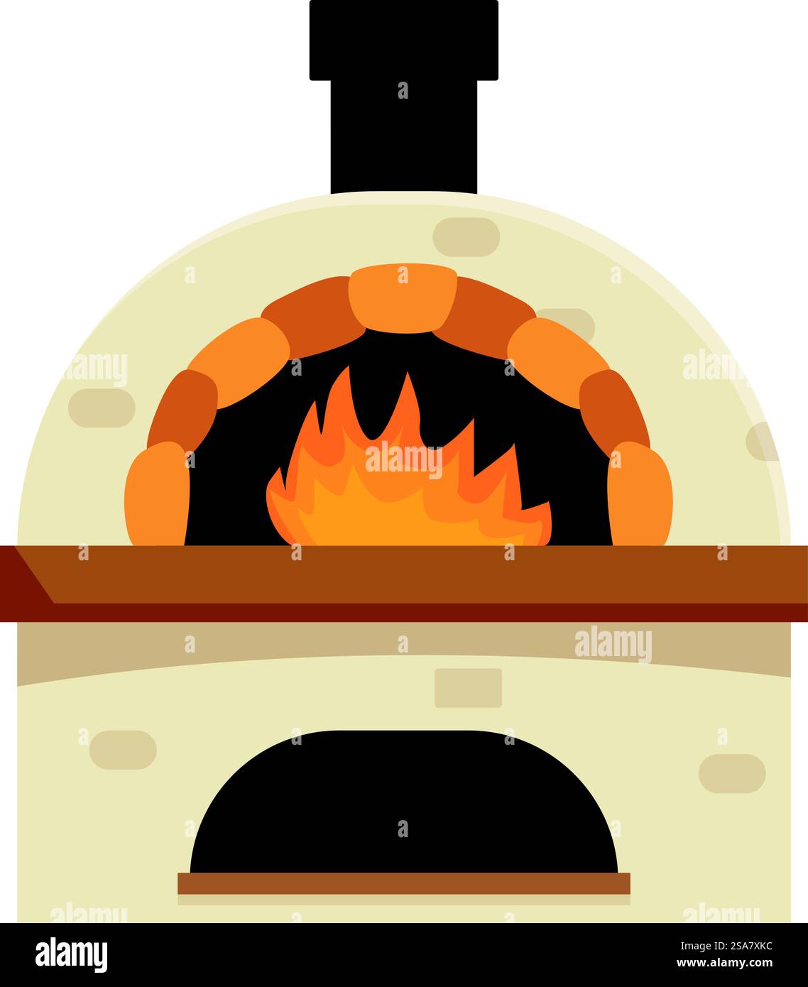 Traditional brick oven burning wood fire for baking pizza and bread. Traditional brick oven ...