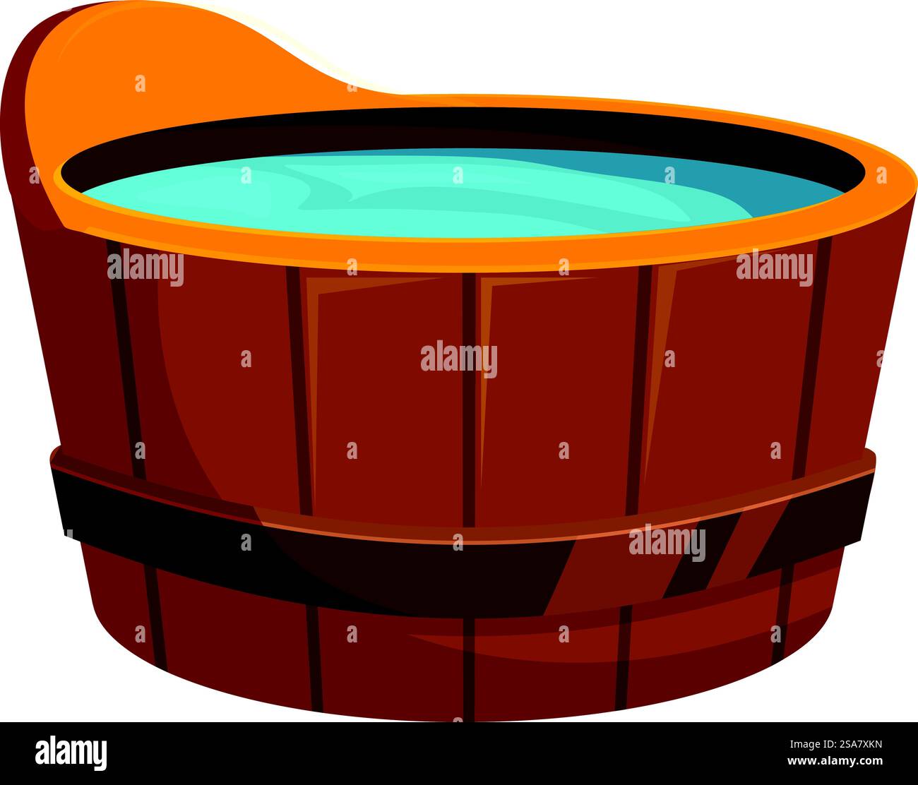 Traditional wooden tub full of clear water, ideal for a relaxing soak ...