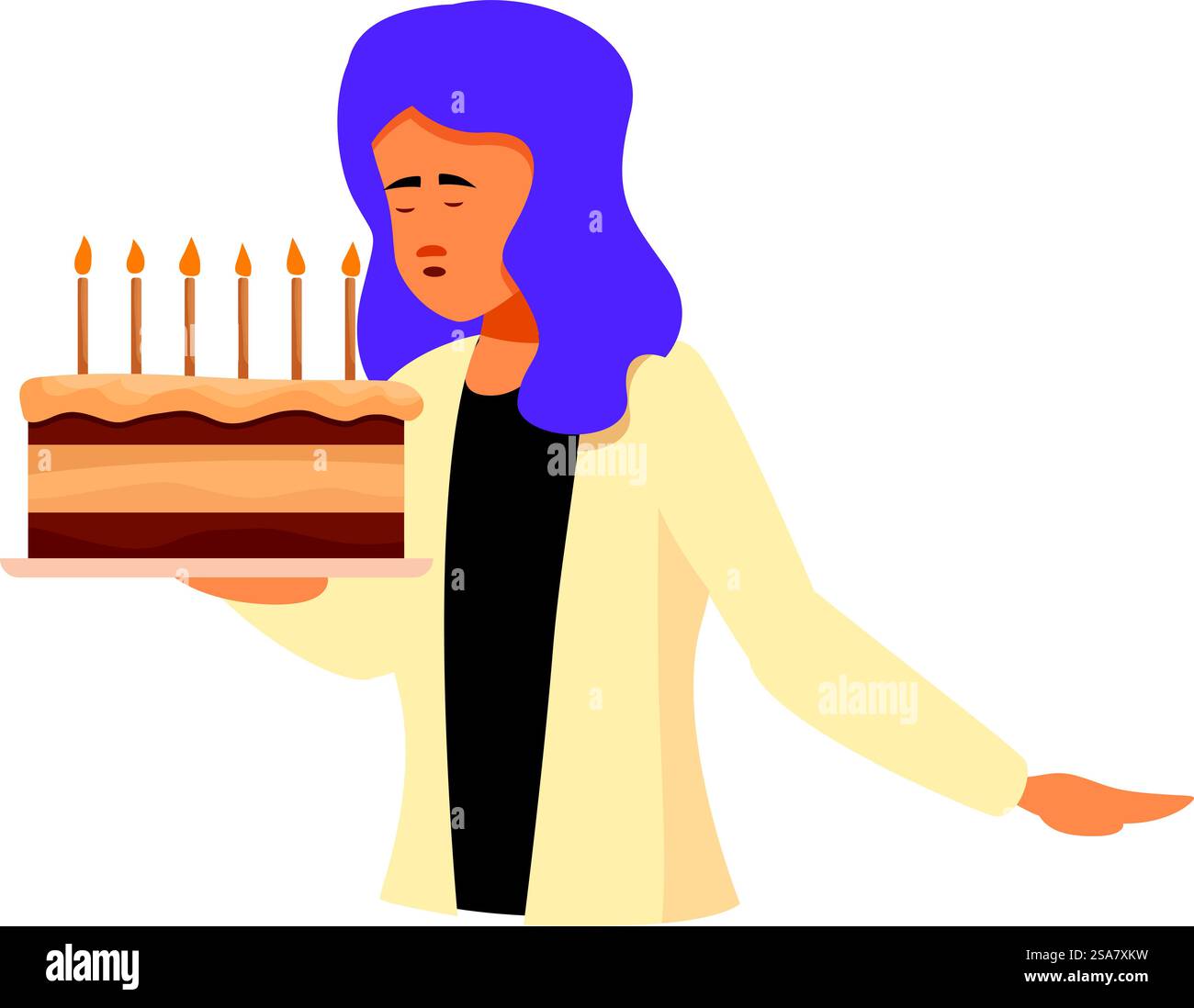 Young woman is holding a birthday cake and making a wish, but she looks ...
