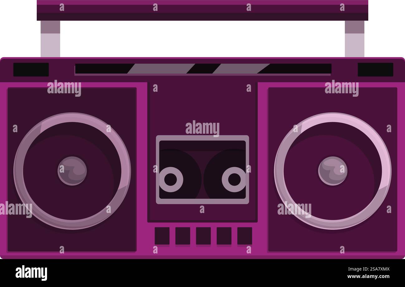 Purple boombox with a cassette tape inside is playing music. Purple ...