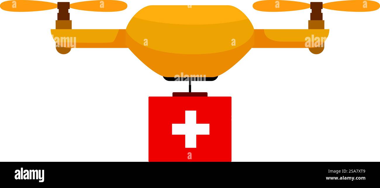 Yellow medical drone is delivering a first aid kit, representing the ...