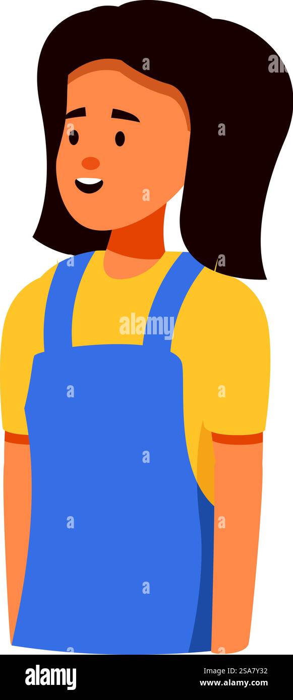 Cartoon illustration of a happy young woman wearing blue overalls and a ...