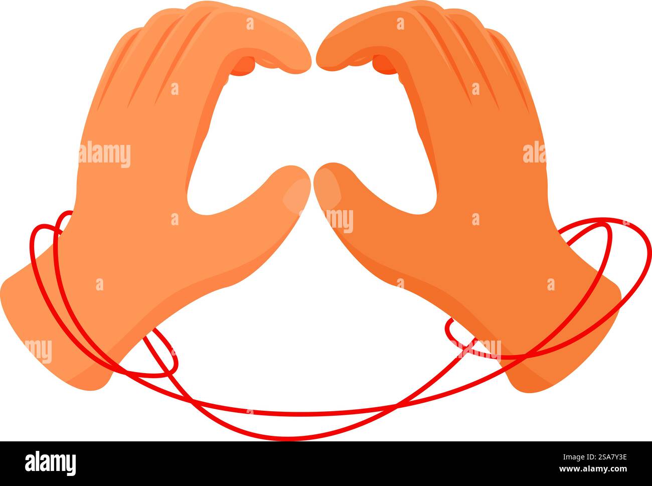 Hands tied with red thread are making heart shape, love and ...