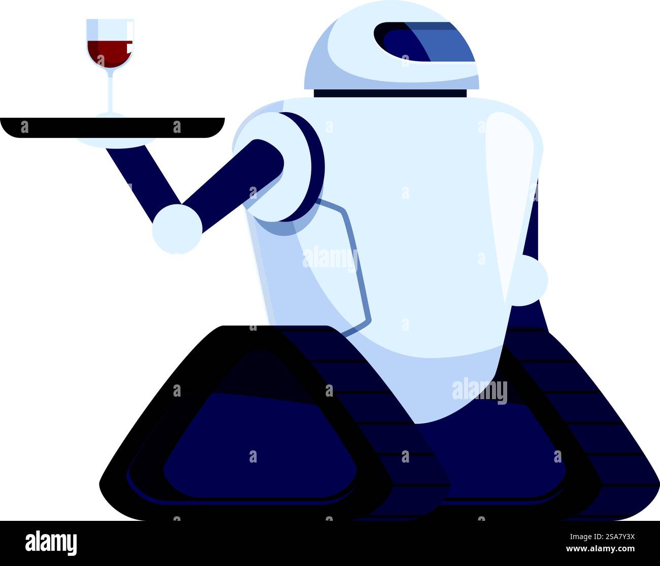 White modern robot waiter holding serving tray with glass of wine on it ...