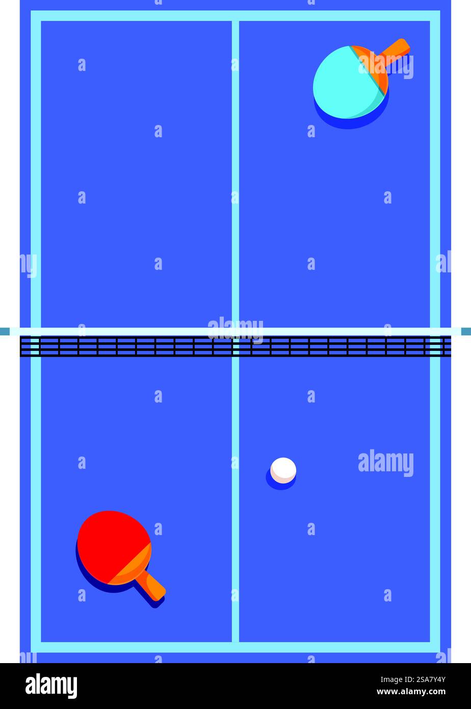 Blue ping pong table tennis court is displaying paddles and ball lying ...