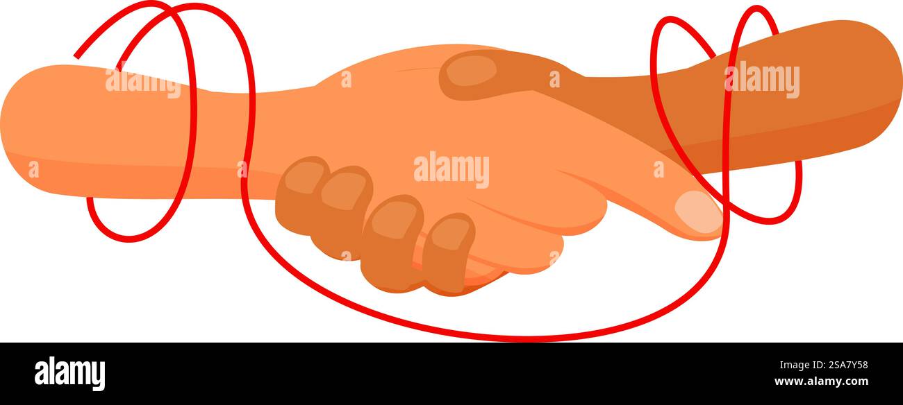 Two people are shaking hands, their wrists bound by a red string ...