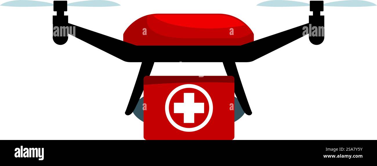Red drone is flying and carrying a first aid kit. Red medical drone ...