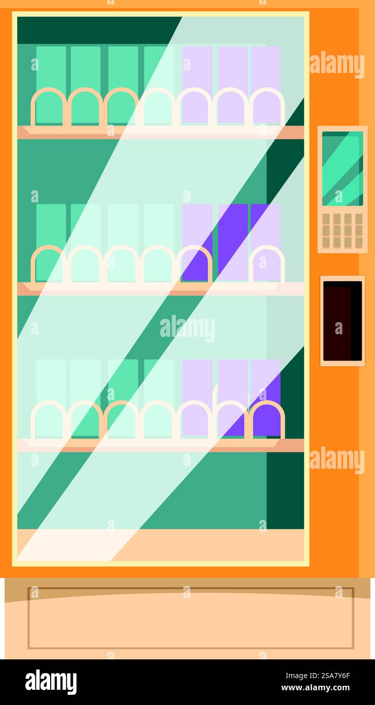 Vending machine full of snacks displaying on shelves behind glass door ...