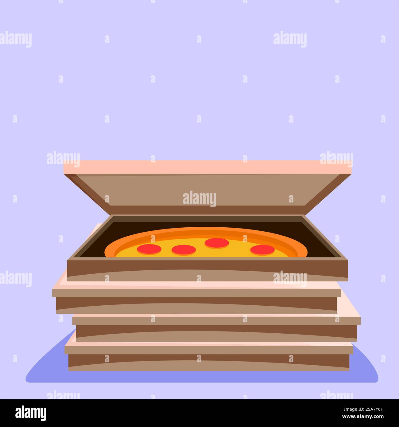 Stack of plain cardboard pizza boxes with the top one open revealing a ...