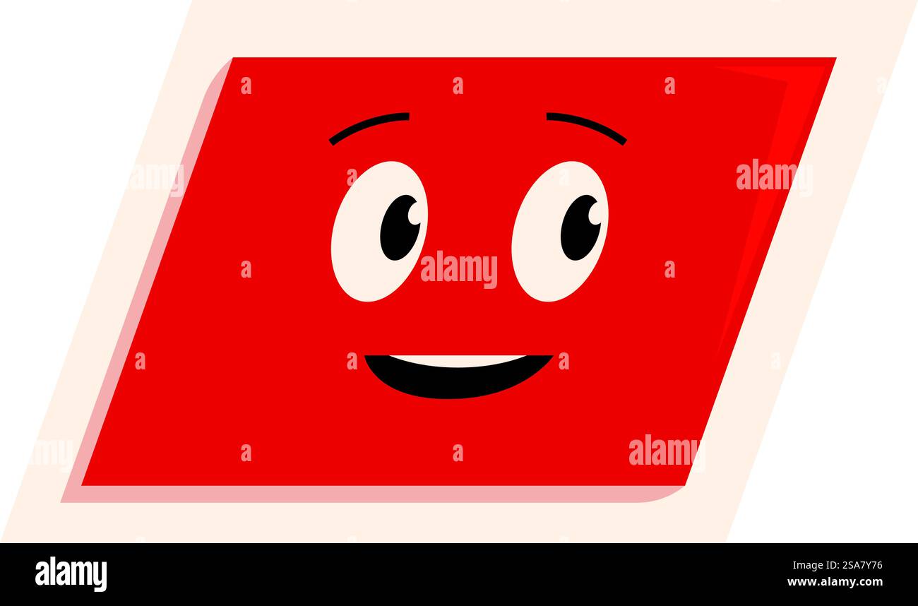 Cartoon illustration of a red parallelogram with a face, smiling and ...