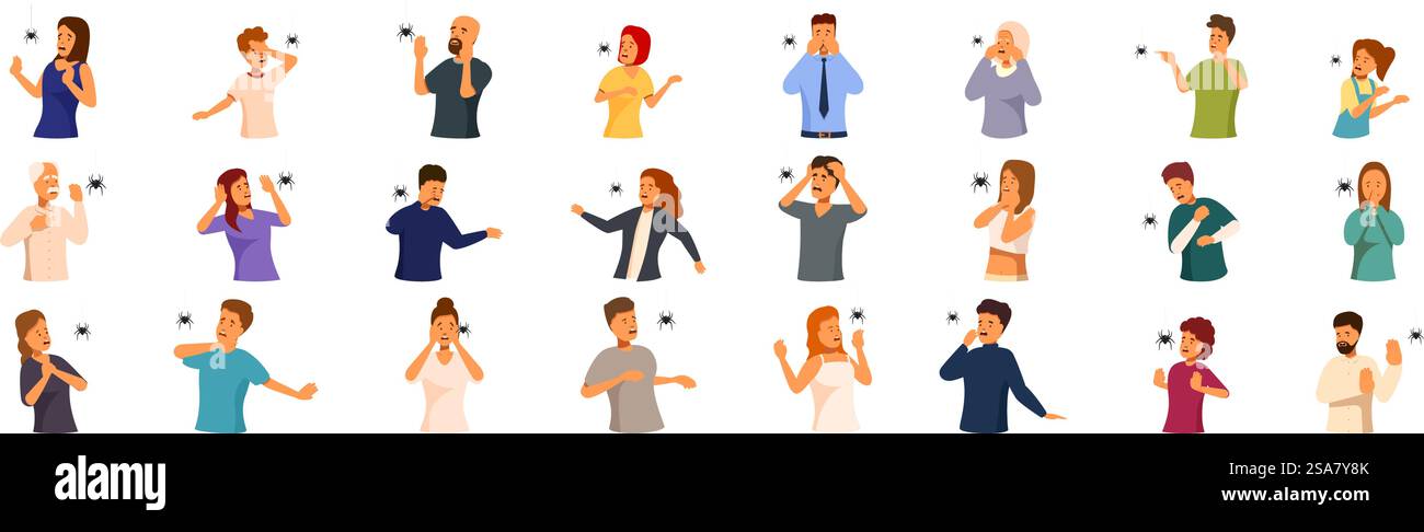 Arachnophobia icons set. People having arachnophobia, different ...