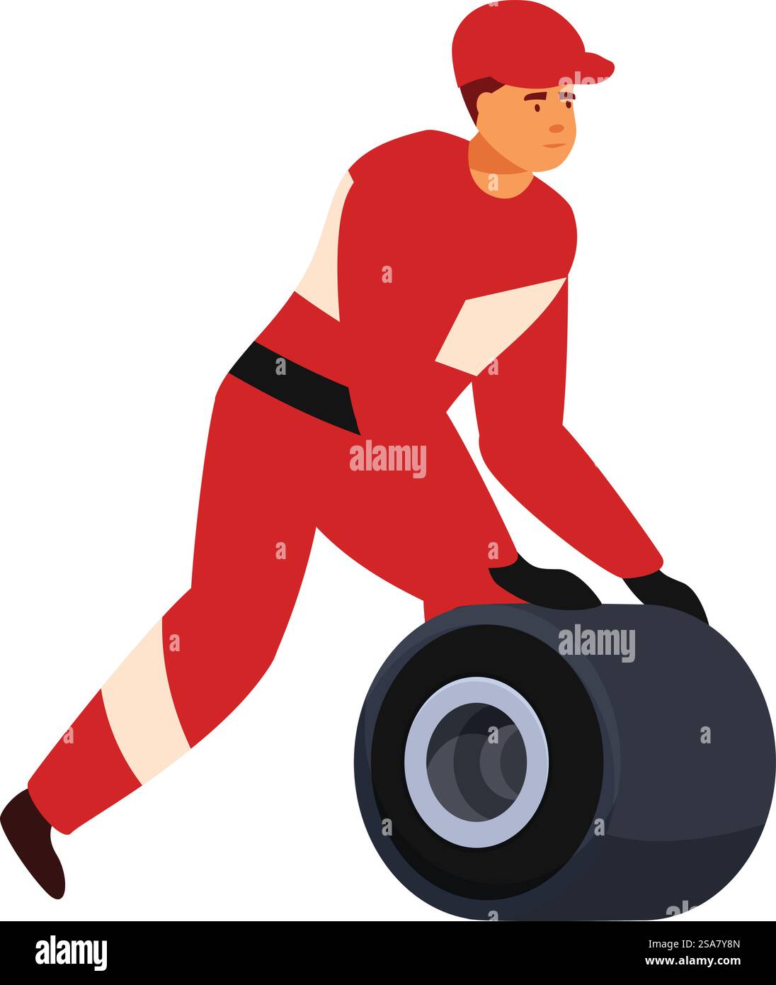 Auto mechanic wearing red uniform pushing big tire, garage worker repairing car, pit stop crew ...