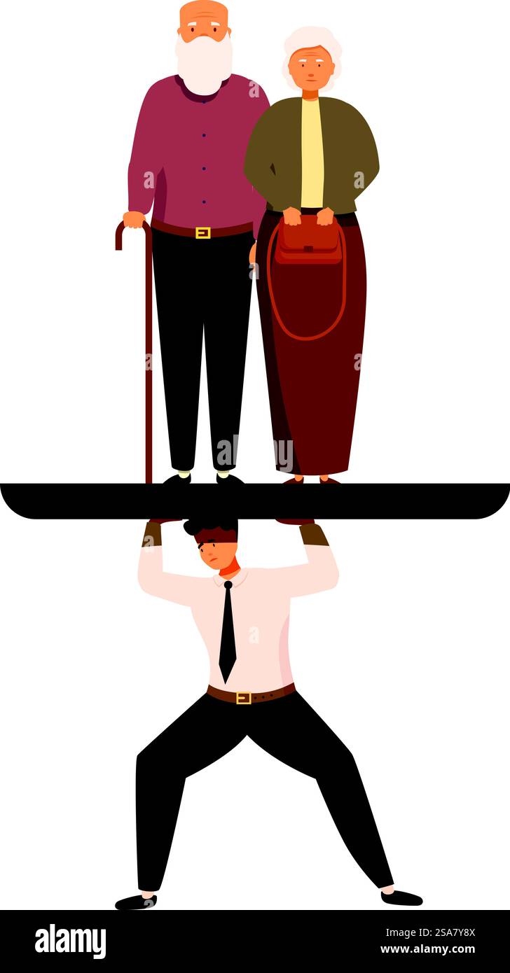 Businessman struggling to carry the weight of an elderly couple on his ...
