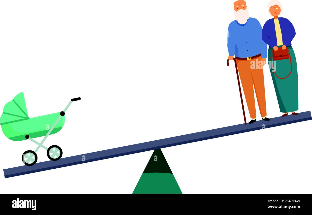Illustration of declining birth rate with baby stroller outweighed by senior couple on seesaw ...