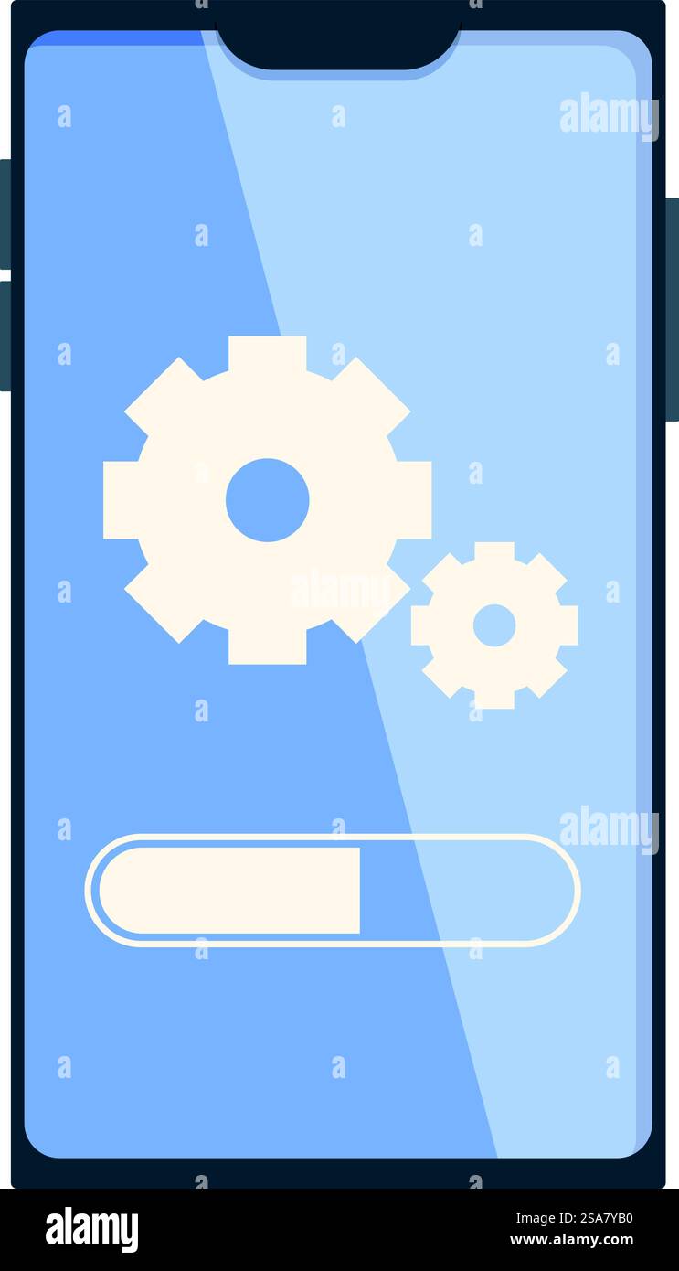 Smartphone is showing software update installation progress bar with rotating gears. Smartphone ...
