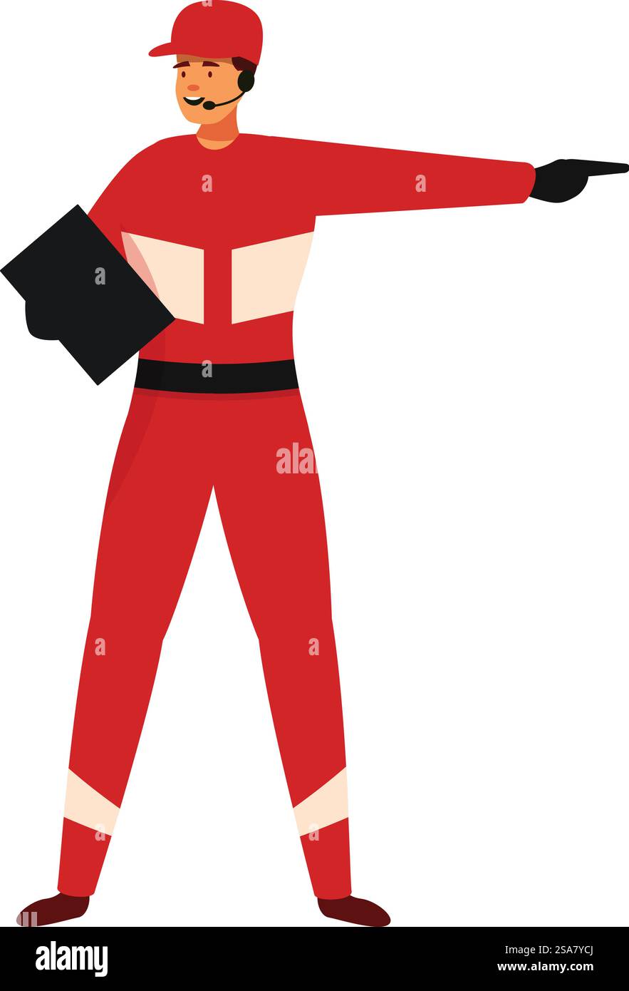 Racing team member wearing a headset is giving instructions while ...