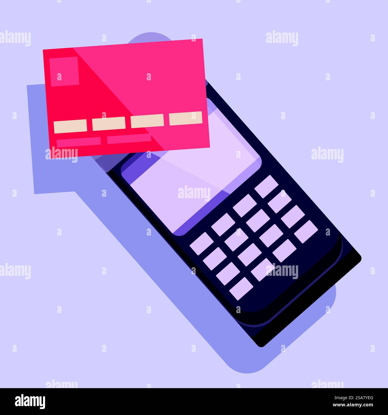 Illustration featuring a credit card hovering over a pos terminal ...