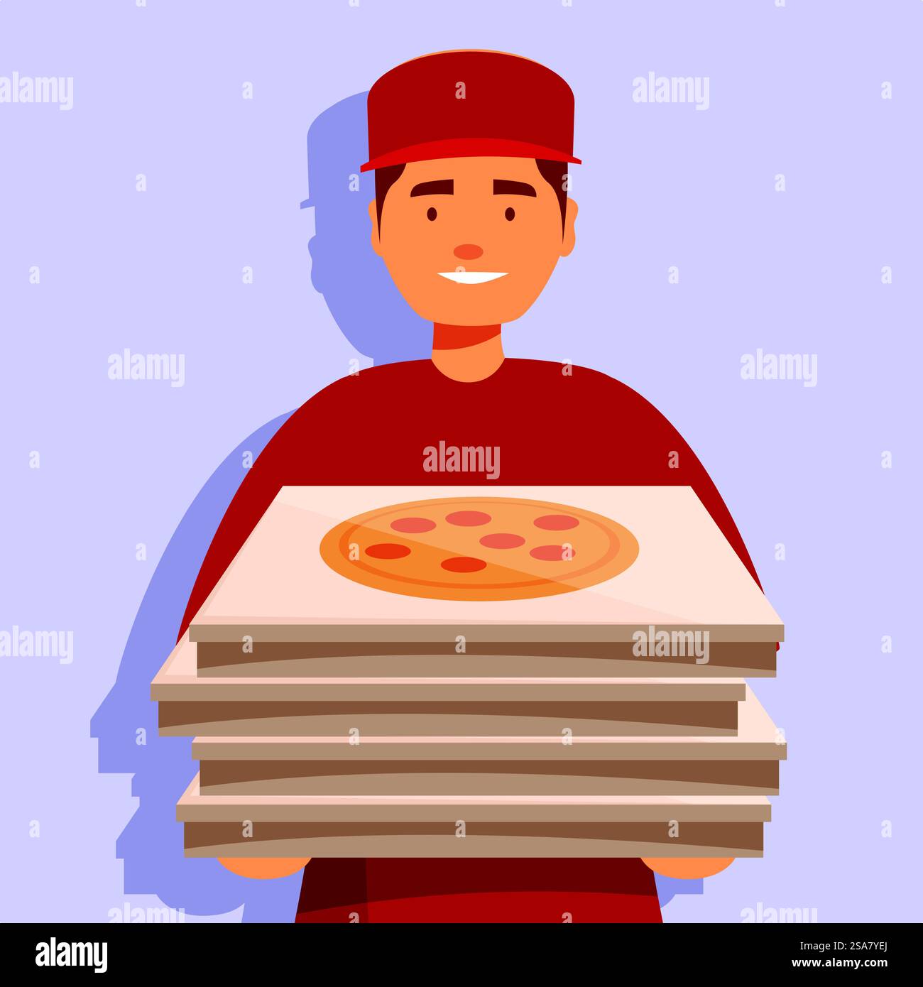 Friendly pizza delivery man is holding a stack of hot pizza boxes ...