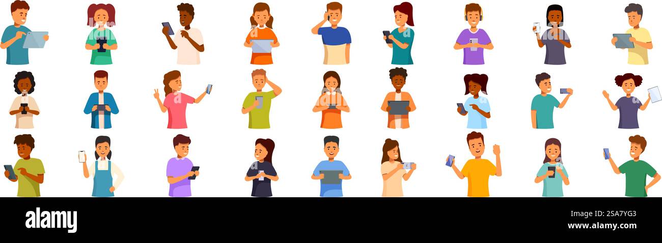 Kids mobile phone icons set. Diverse group of people is engaging with ...