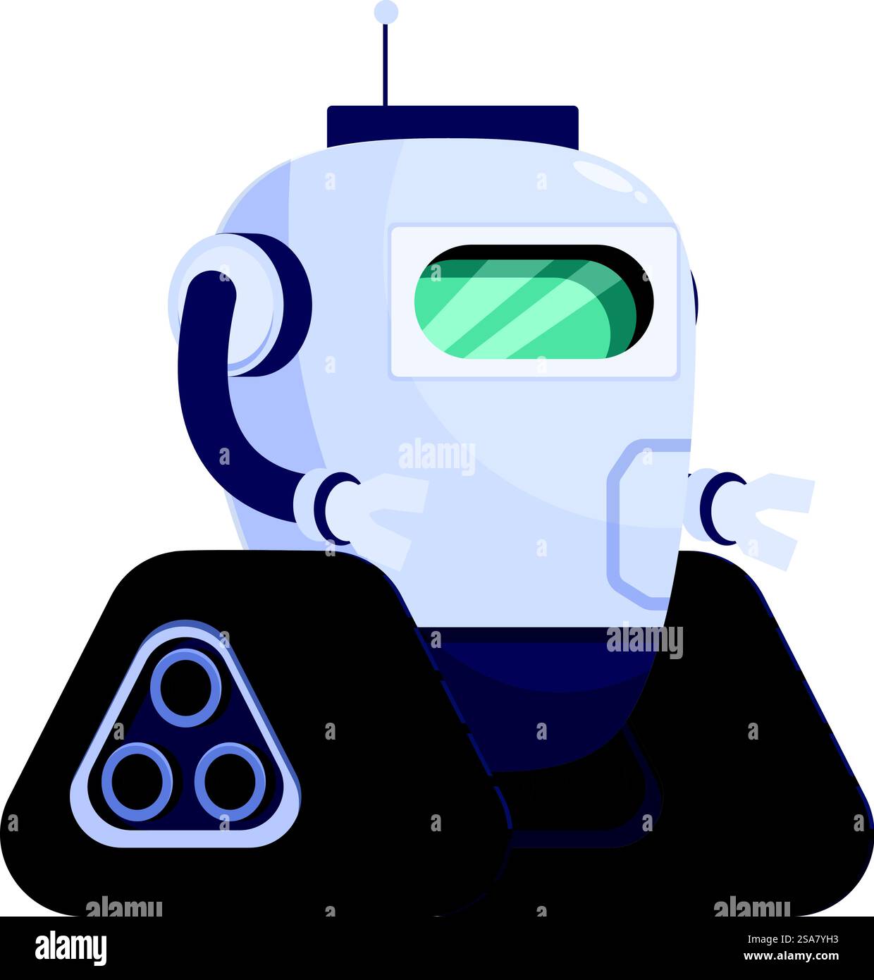 White and blue robot with tracks is exploring an unknown environment. Futuristic robot exploring ...