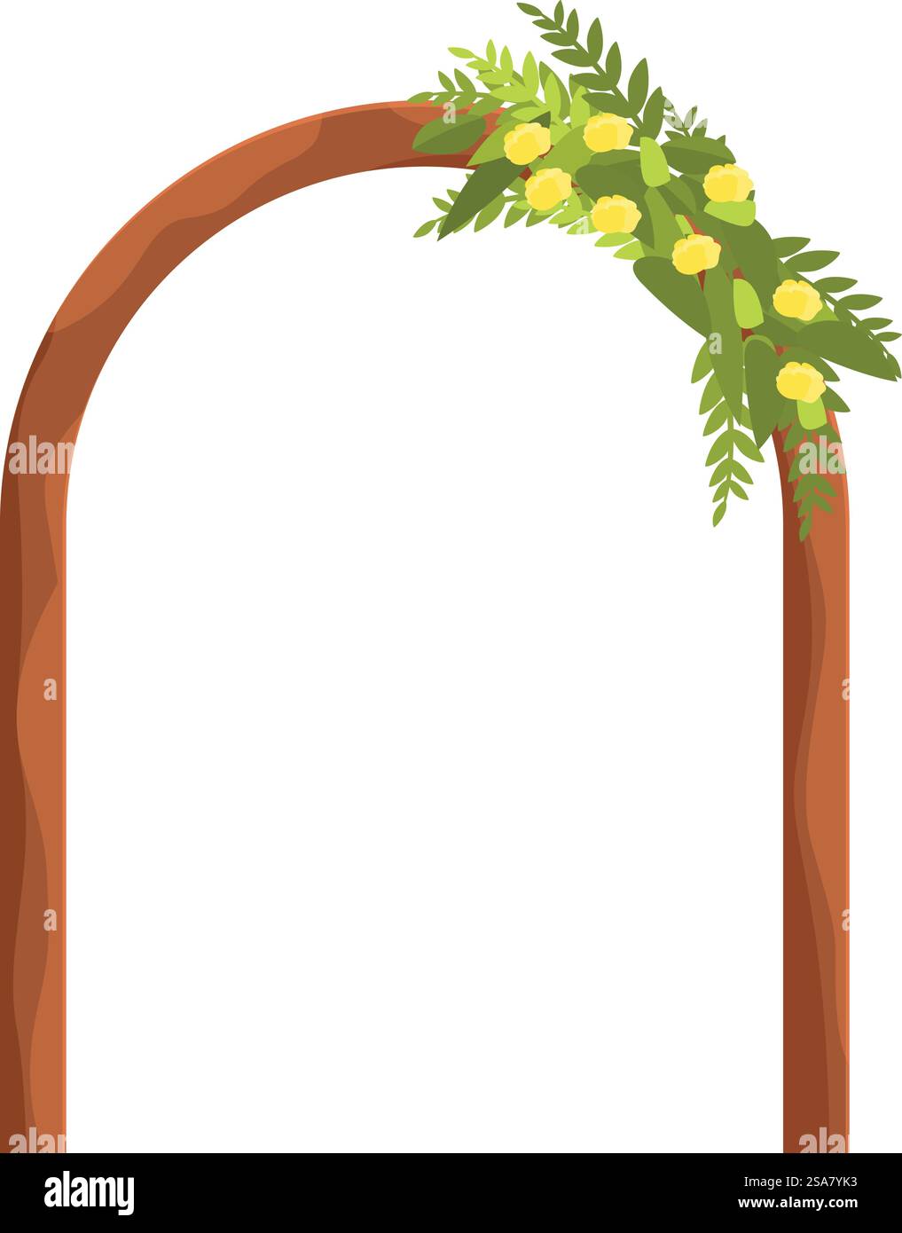 Charming wooden arch adorned with yellow flowers and lush greenery ...