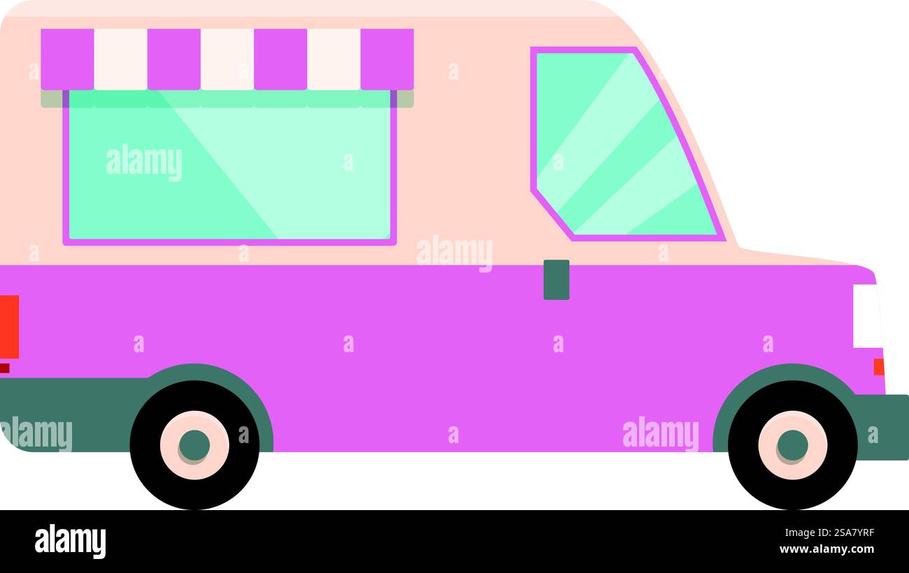 Pink food truck offering street food is waiting for customers. Pink ...