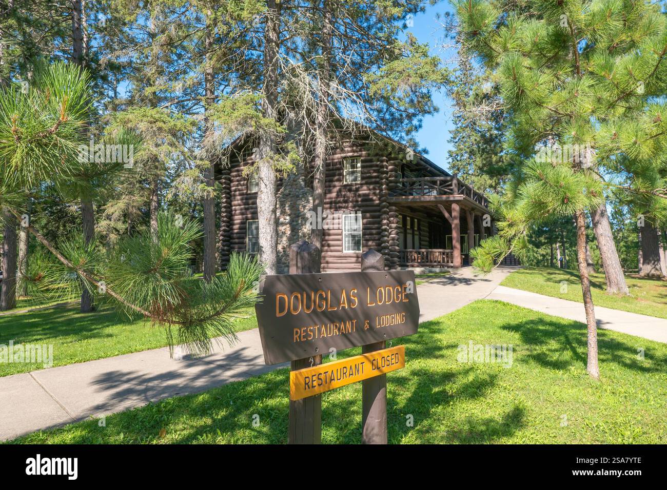 CLEARWATER CO. MN - 11 AUG 2024: Douglas Lodge sign and the vintage log ...