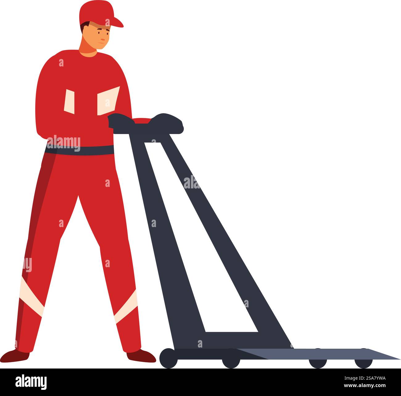 Warehouse worker in uniform is pushing a manual pallet truck, ready to ...