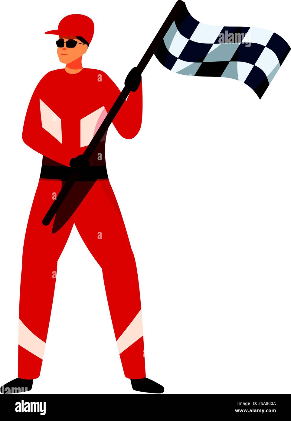 Race official in red uniform and cap holding checkered flag, celebrating victory, motorsport ...