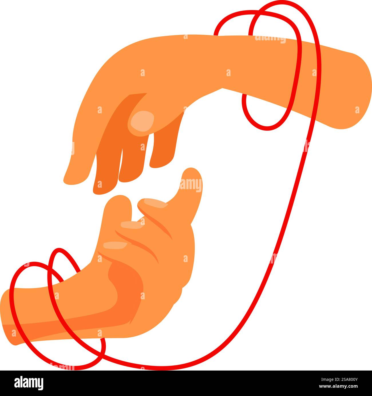 Two hands reaching for each other, tied together by red string of fate ...