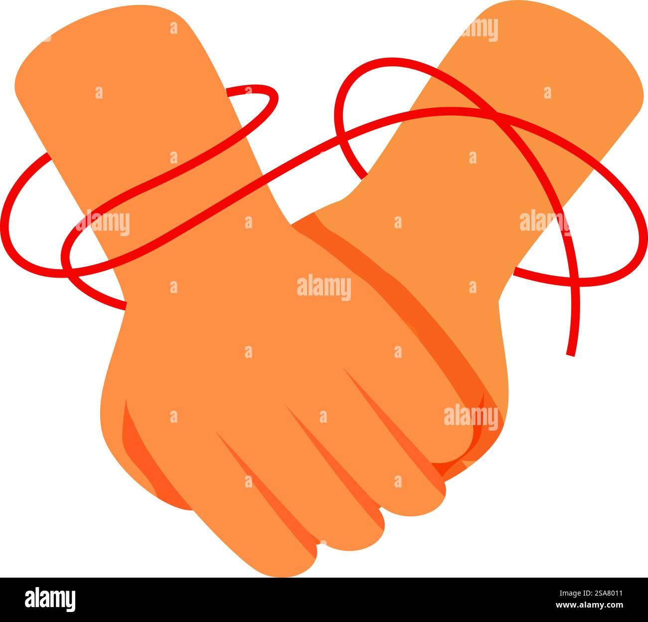 Two hands holding each other, tied with a red thread, symbolizing an ...