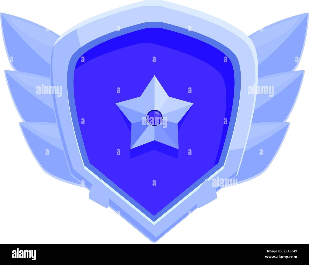 Silver game badge with wings featuring a purple star, isolated on white ...