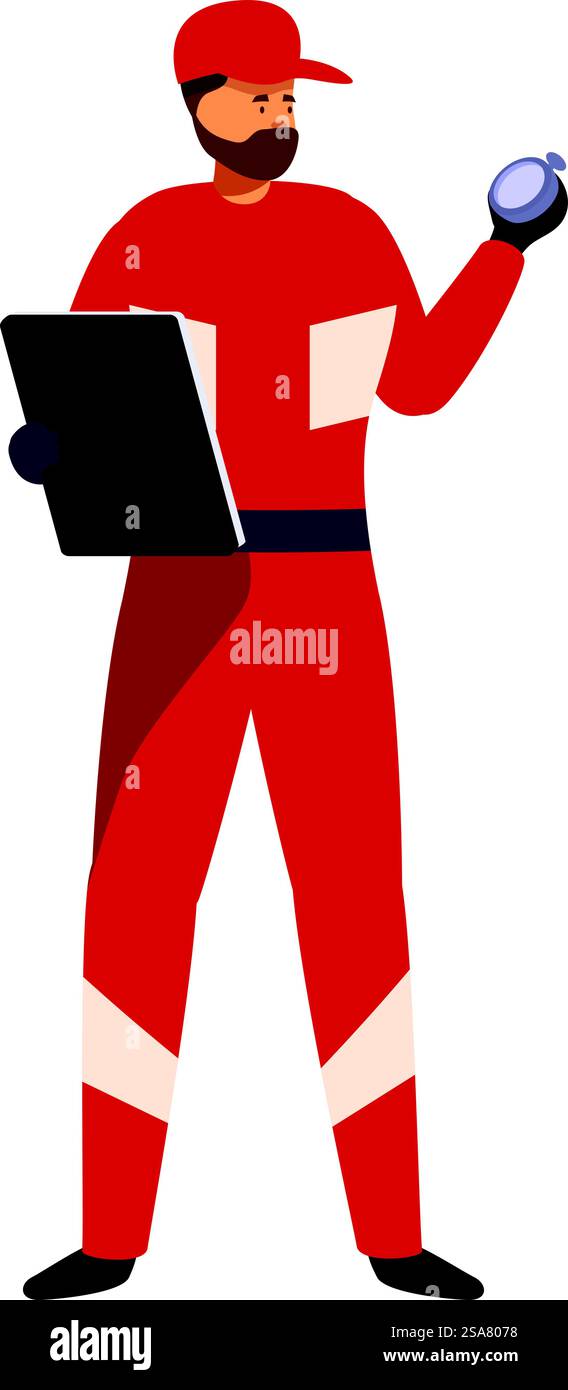 Racing team member is analyzing performance, holding a stopwatch and a ...