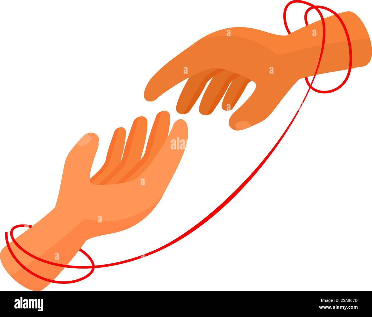 Two hands are reaching for each other, connected by red thread of fate ...