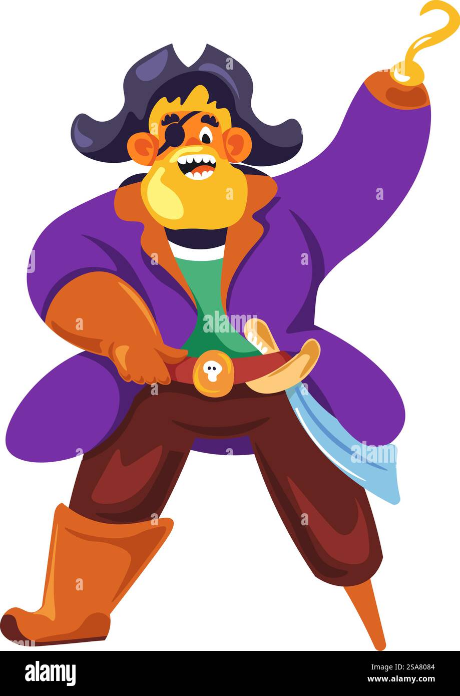 Smiling pirate character with sword attached to a belt, hand hood and ...