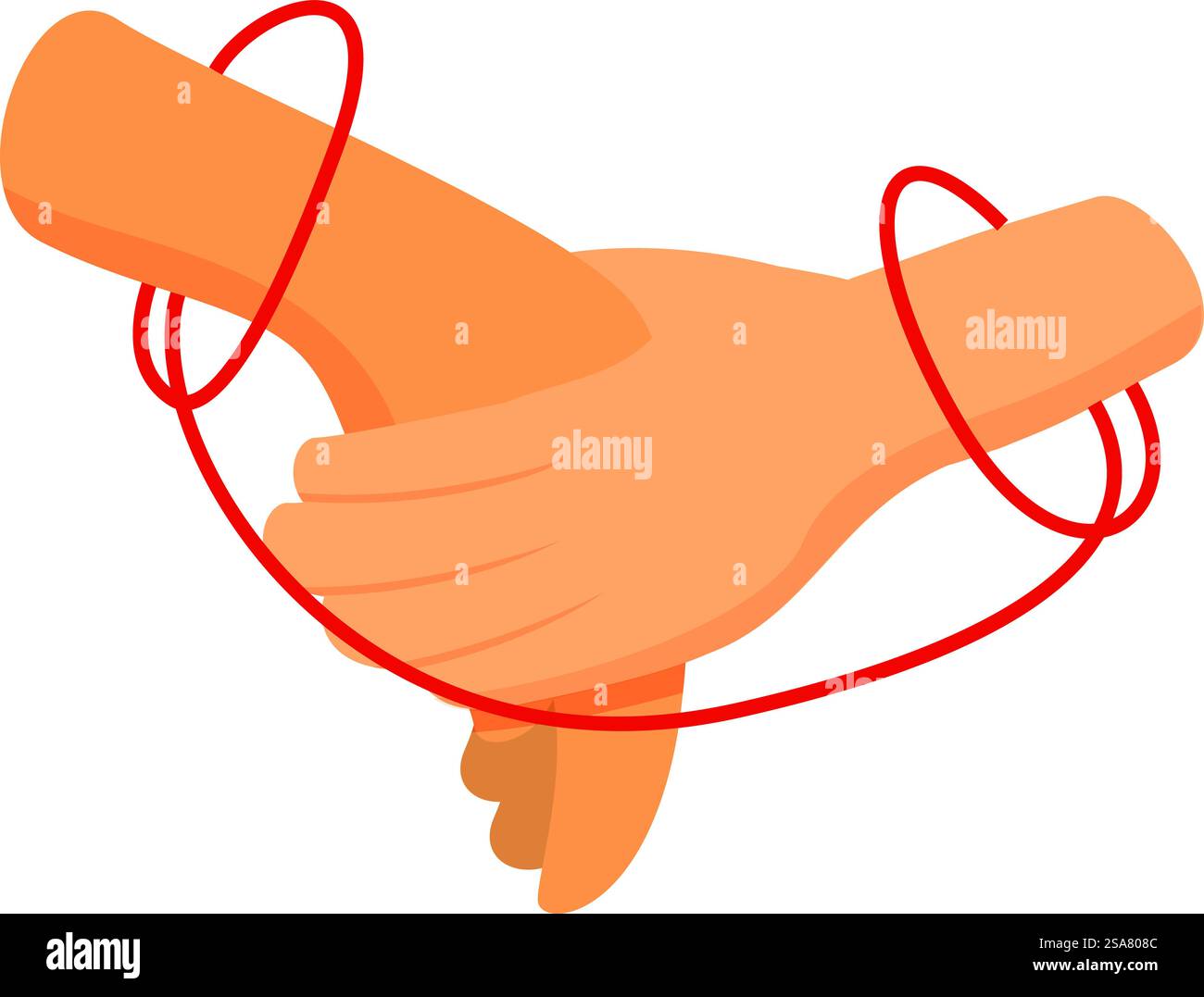 Two hands holding each other, connected with red string of fate ...