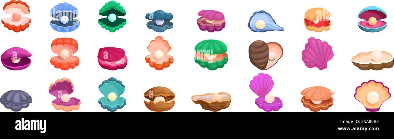 Seashells pearls icons set. Various cartoon style illustrations of ...