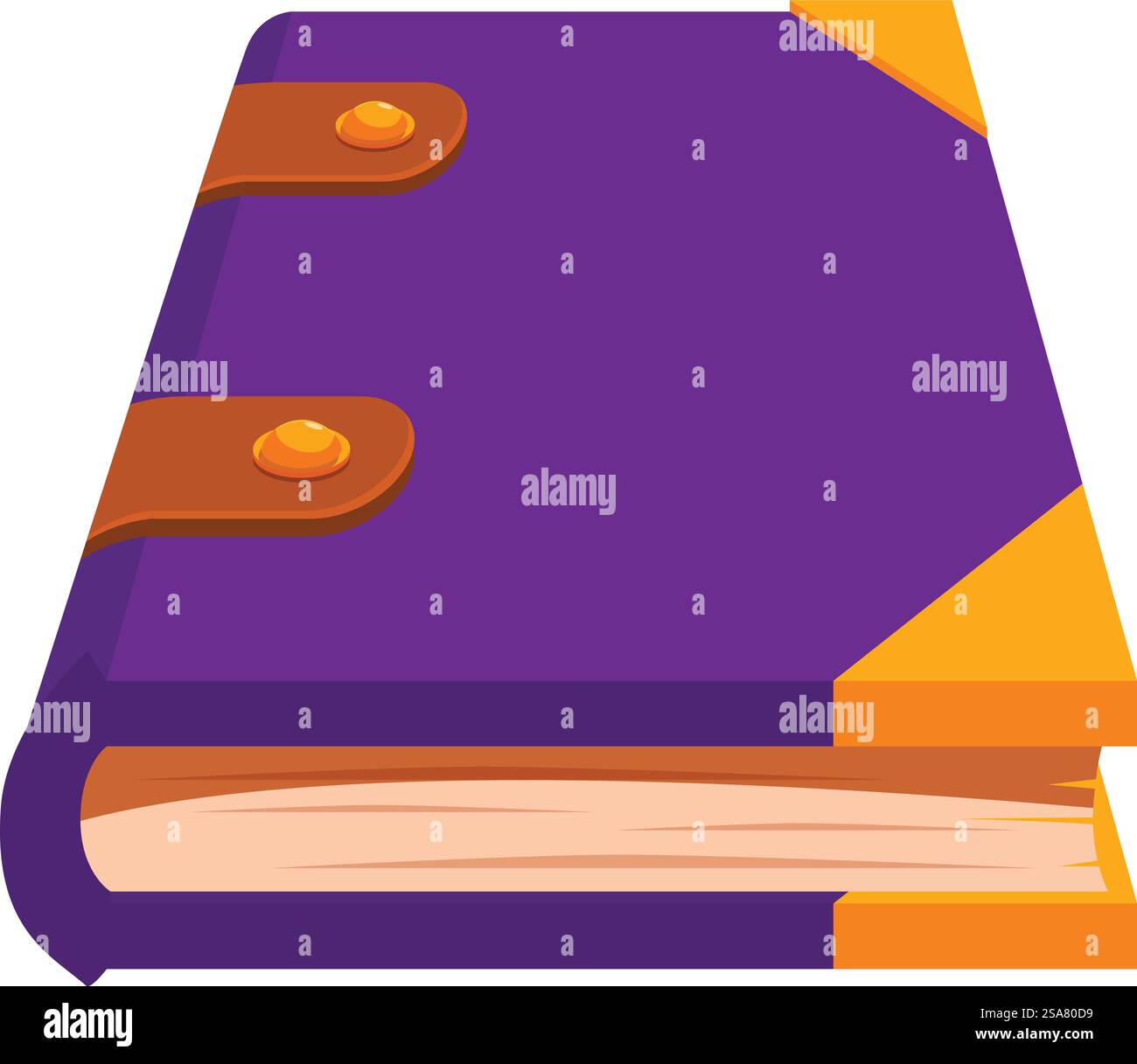 Cartoon style purple book with golden corners and leather straps is ...