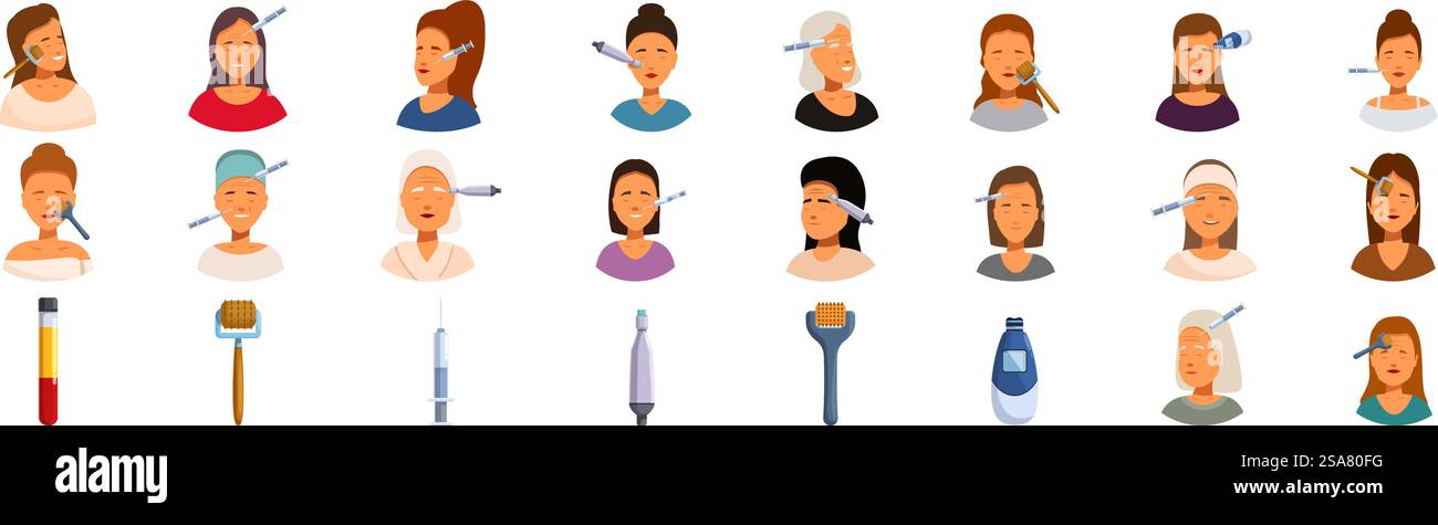 Mesotherapy icons set. Beauticians using different tools for facial ...
