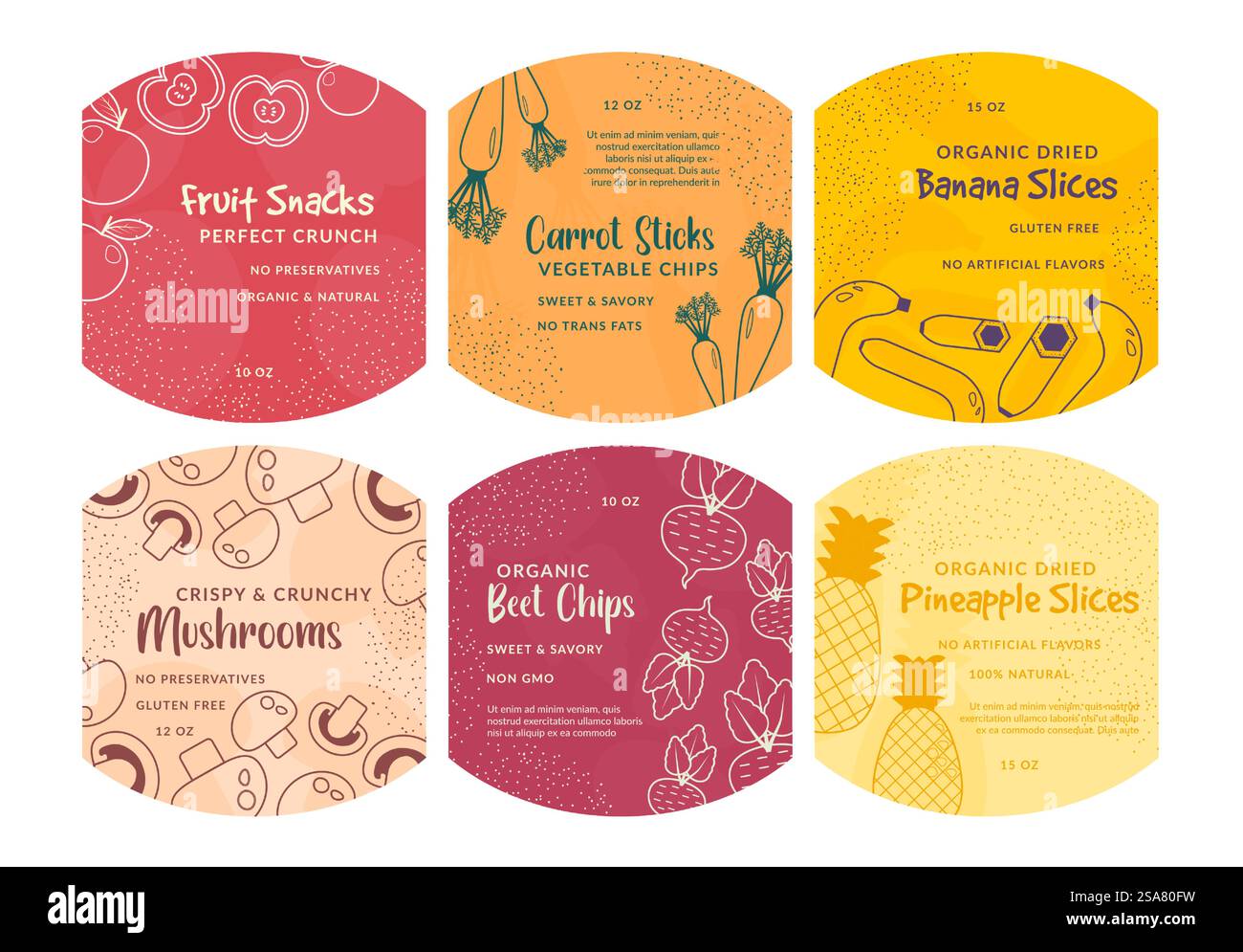 Colorful sticker set for natural chips package. Fruit snacks, vegetable ...