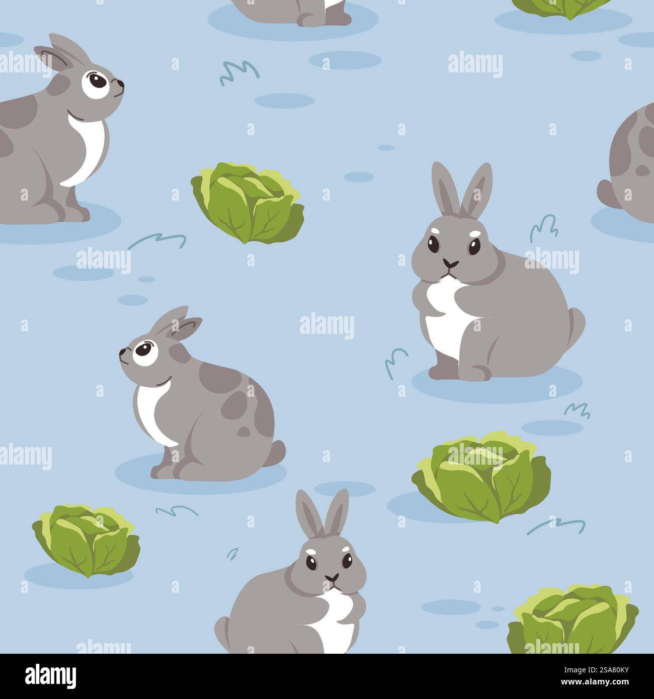 Bunnies on field with cabbage, hares with long ears and funny muzzle expressions. Rabbits with ...
