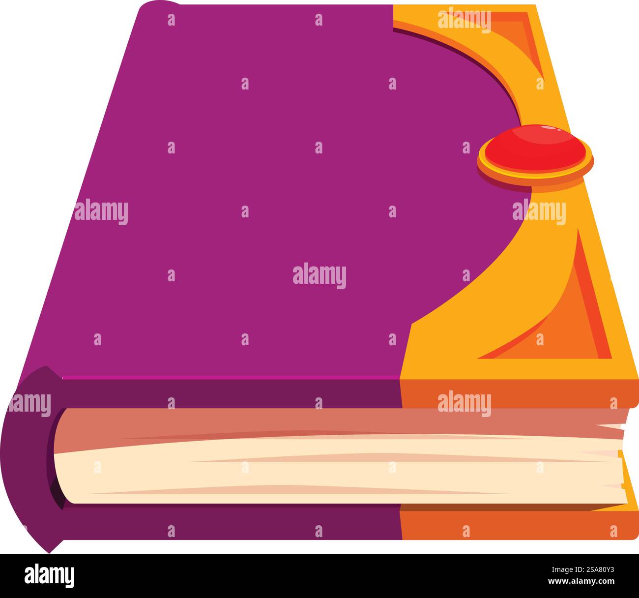 Closed purple book with golden clasp and red gem, isolated on white ...