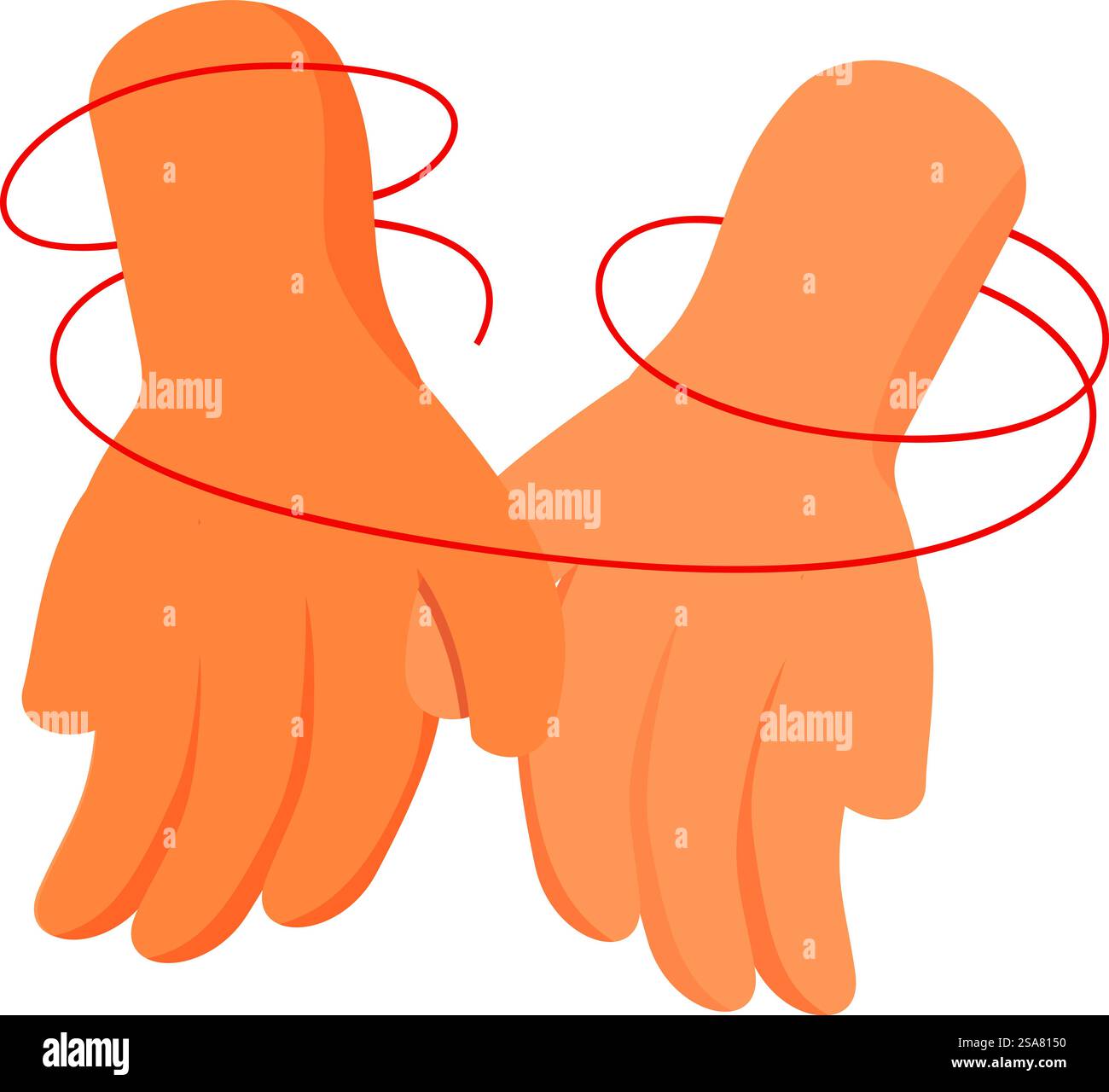 Two hands holding together, connected by red thread of fate ...