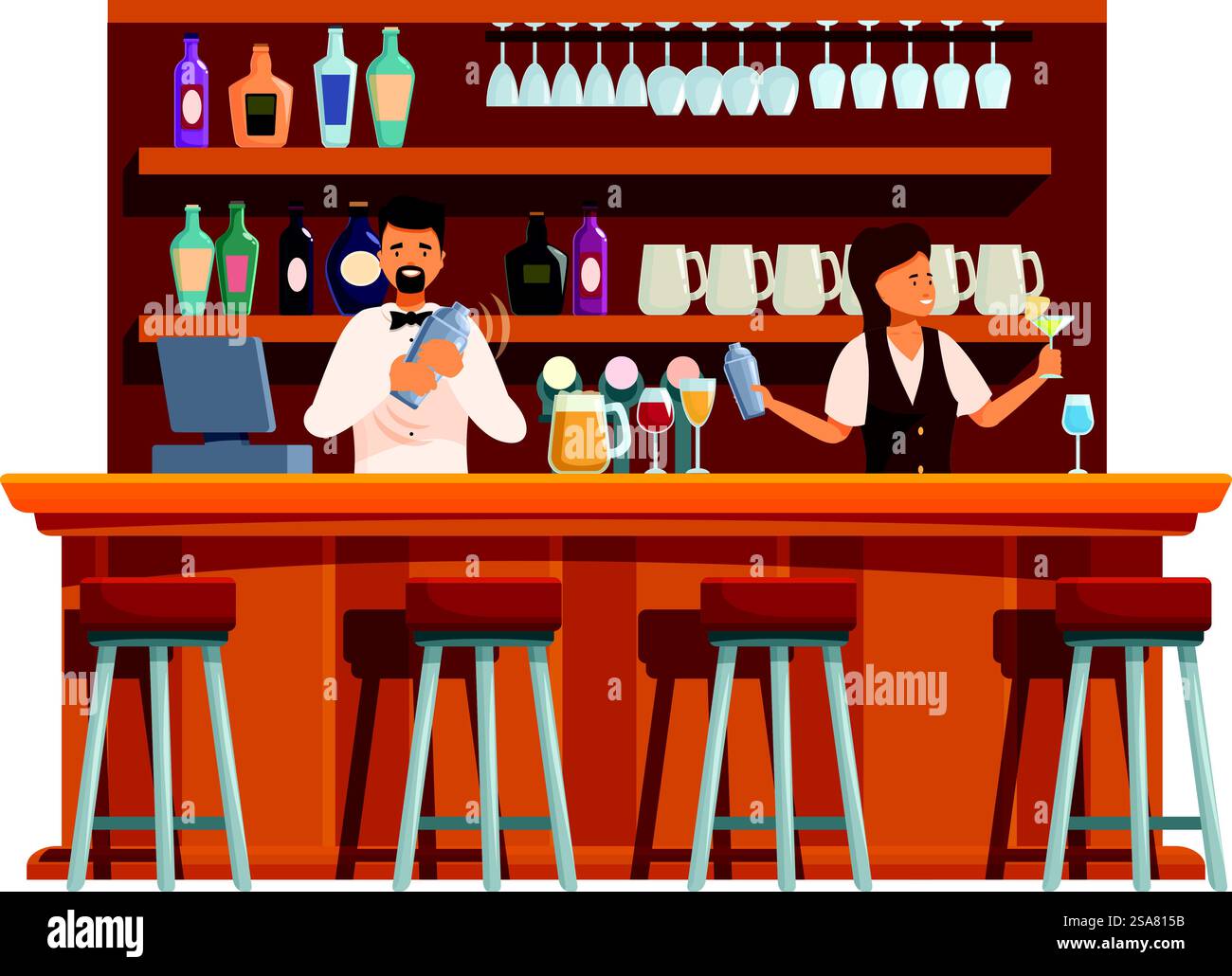 Barkeeper man and woman shaking and serving cocktails behind the ...